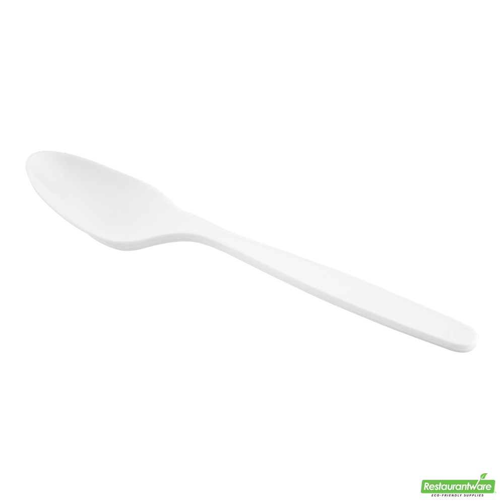 White CPLA Plastic Dessert Spoon - Compostable - 5"
